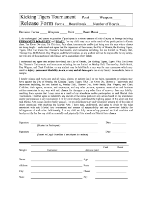 Fillable Online Kicking Tigers Tournament Point Weapons Release Form ...