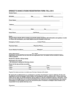 Fillable Online BRIDGETS DANCE STUDIO REGISTRATION FORM- FALL 2012 Fax ...