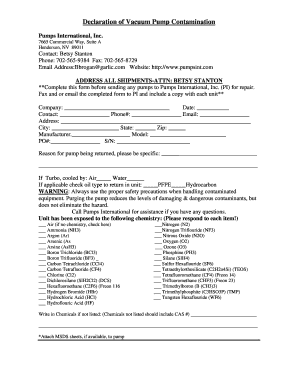 Fillable Online Declaration of Vacuum Pump Contamination - Pumps ...