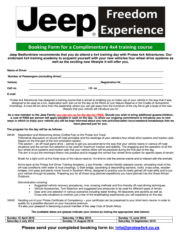 Fillable Online protea4x4 co Booking Form for a Complimentary 4x4 ...