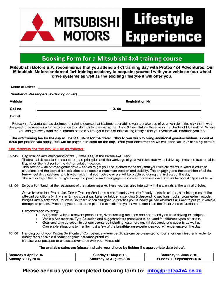 Fillable Online protea4x4 co Booking Form for a Mitsubishi 4x4 training ...