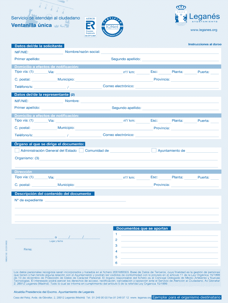 Completable En línea leganes Servicio de atencin al ciudadano Ventanilla nica Fax Email Imprimir ...