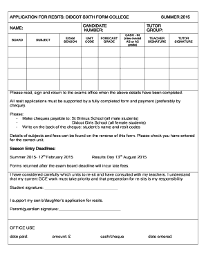 Fillable Online didcotsixthformcollege co APPLICATION FOR RESITS DIDCOT ...