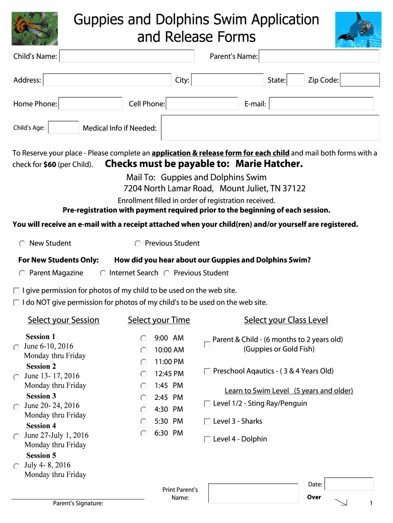 Fillable Online swimclass Guppies and Dolphins Swim Application and ...
