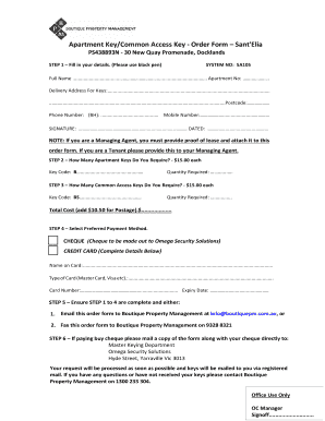 Fillable Online Apartment KeyCommon Access Key - Order Form Sant039Elia ...