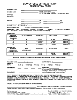 Fillable Online Seaventures birthday party reservation form Fax Email ...