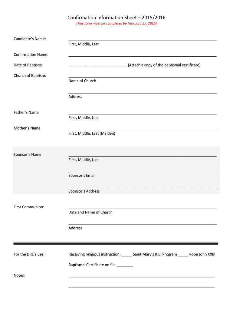 Fillable Online stmaryevanston Confirmation Information Sheet 20152016 ...