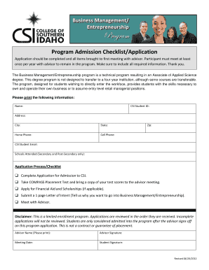 Fillable Online business csi Program Admission ChecklistApplication Fax Email Print - pdfFiller