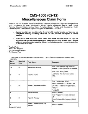 Fillable Online CMS-1500 Miscellaneous Claim - bwvmmisuatbbcomb Fax Email Print - pdfFiller