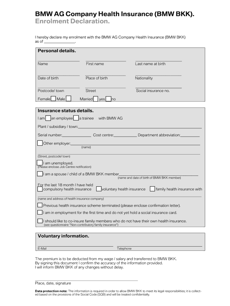 Fillable Online bmwbkk BMW AG Company Health Insurance BMW BKK ...