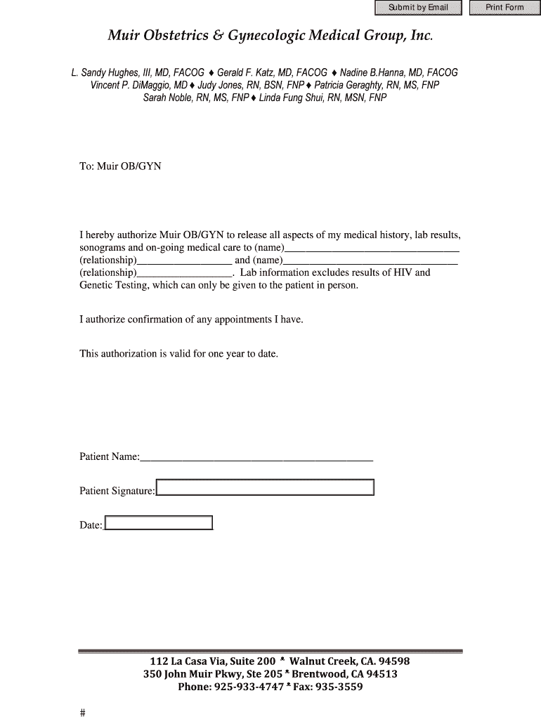 Fillable Online HIPAA Authorization (Release of information) - Muir OB ...