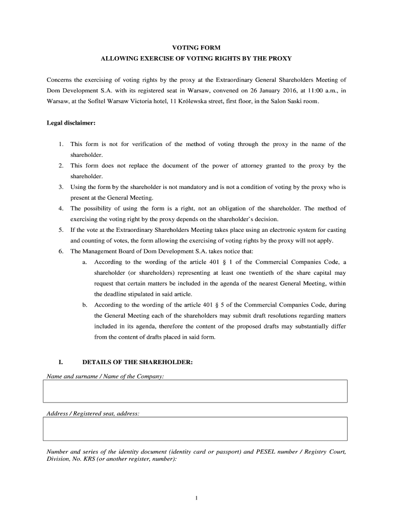 Fillable Online VOTING FORM ALLOWING EXERCISE OF VOTING RIGHTS BY THE ...