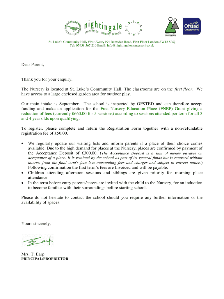 Fillable Online nightingalemontessori co uk Dear Parent, Thank you for ...