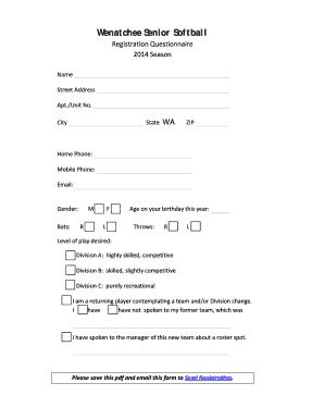 Fillable Online Questionnaire - Wenatchee Senior Softball Fax Email ...