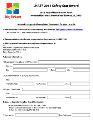 Fillable Online LHATF 2015 Safety Star Award 2015 Award Nomination Form ...