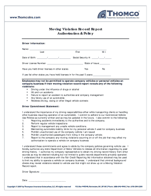 Fillable Online Moving Violation Record Report Authorization amp Policy ...