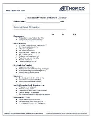 Fillable Online Commercial Vehicle Evaluation Checklist ...