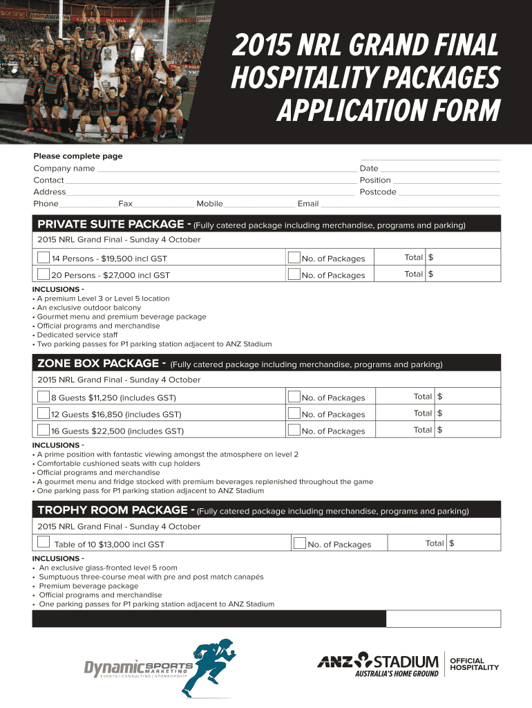 Fillable Online 2015 NRL GRAND FINAL HOSPITALITY PACKAGES APPLICATION ...