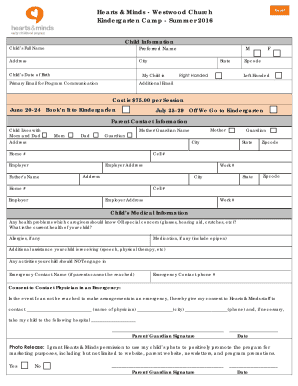Fillable Online westwoodchurch Kindergarten Camp Enrollment Form ...