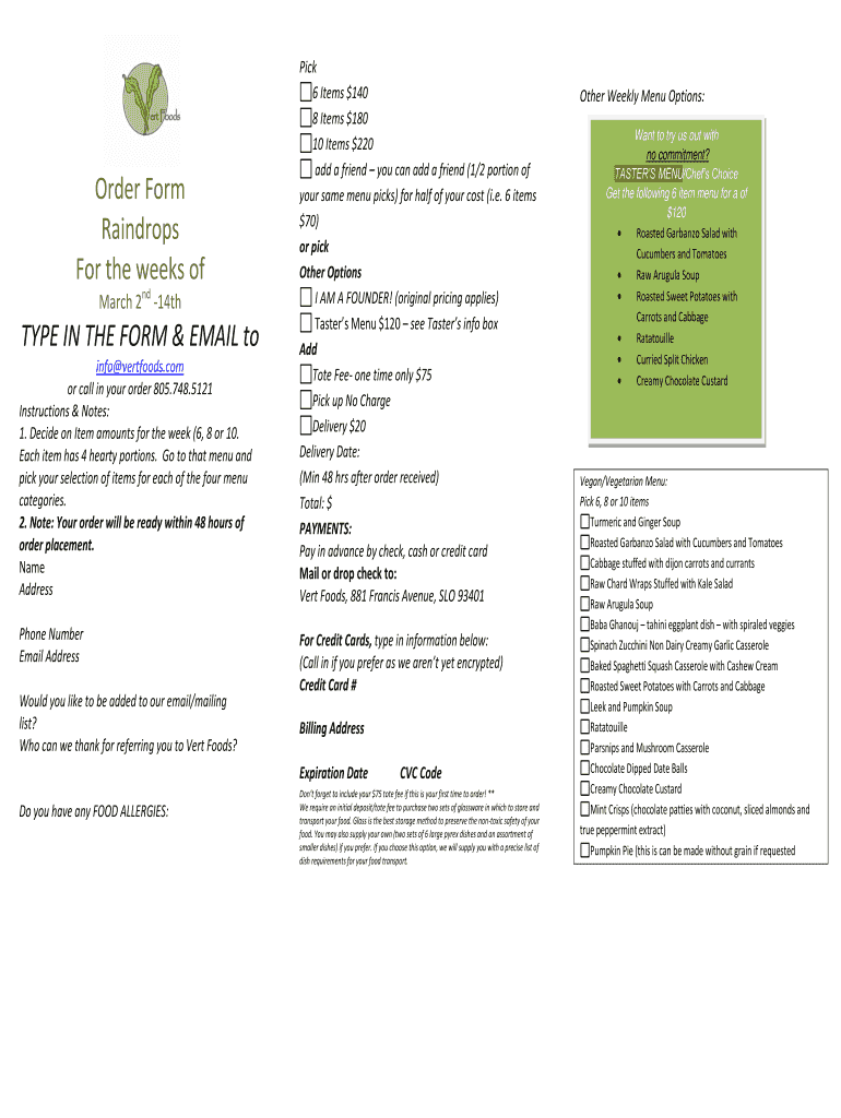 Fillable Online Want to try us out with Order Form Raindrops For the ...