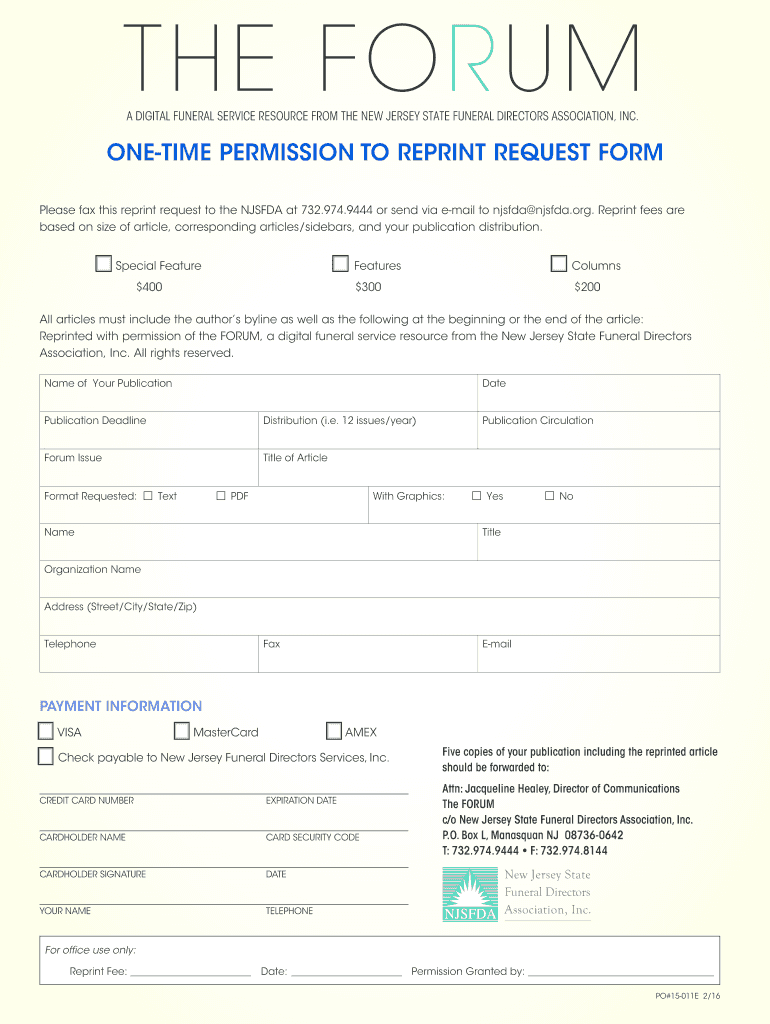 Fillable Online One-time permission to reprint request form - New Jersey State ... Fax Email ...