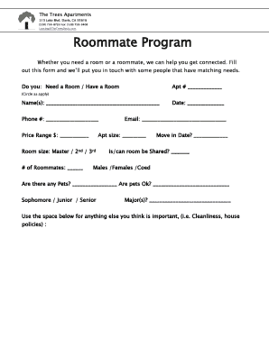 Fillable Online Roommate Program Form - The Trees Apartments Fax Email ...