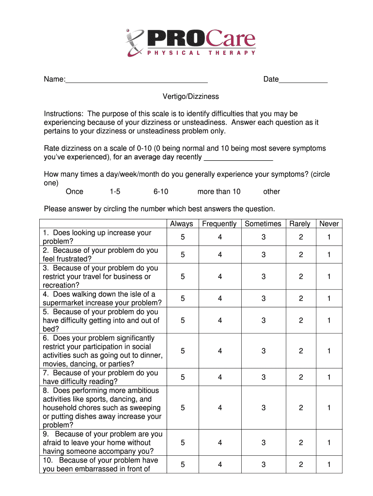Fillable Online procarept Dizziness / Risk of Falls - procarept Fax ...