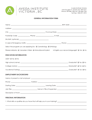 Fillable Online avedainstitutevictoria GENERAL INFORMATION FORM - Aveda ...