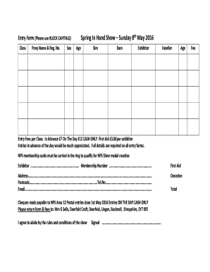 Fillable Online Entry Form Spring In Hand Show Sunday 8th May 2016 Fax ...