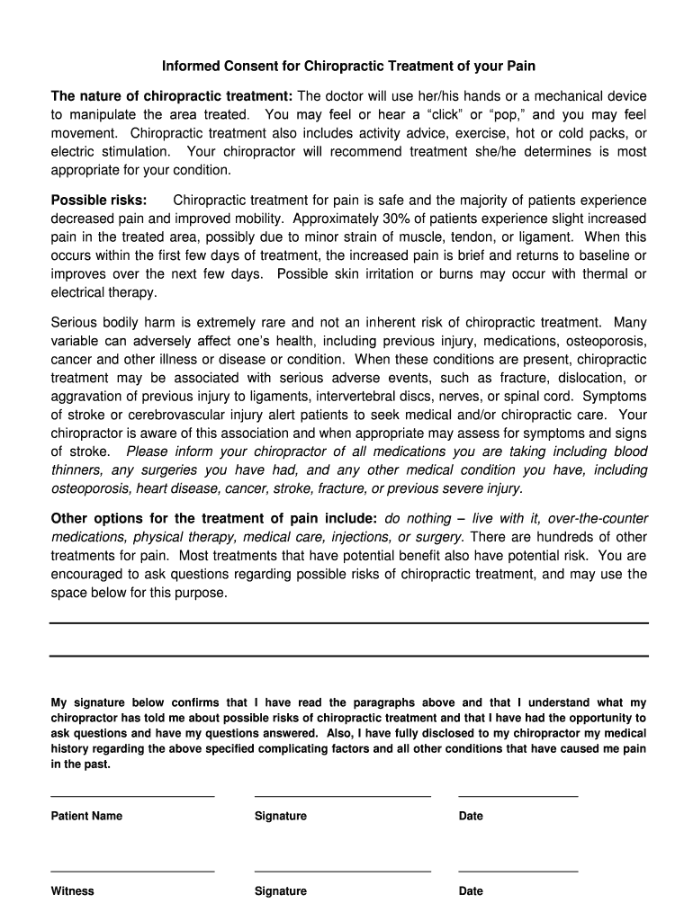 Fillable Online Informed Consent for Chiropractic Treatment of your ...