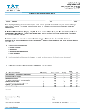 Fillable Online exploringtech Letter of Recommendation Form - Teens Exploring Technology Fax ...
