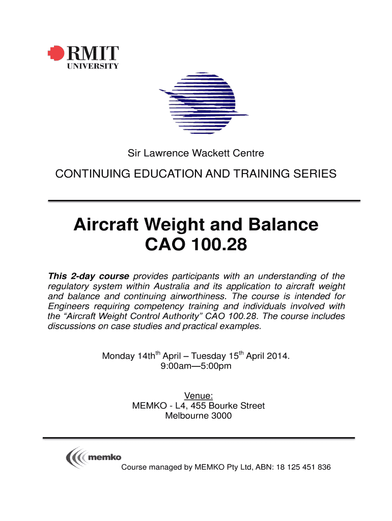 Fillable Online Aircraft Weight and Balance CAO 100 - bmemkob Fax Email ...