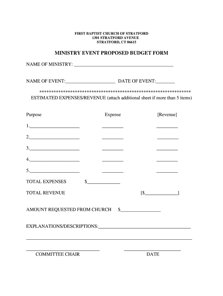 Fillable Online fbcstratford EXAMPLE MINISTRY EVENT PROPOSED BUDGET ...