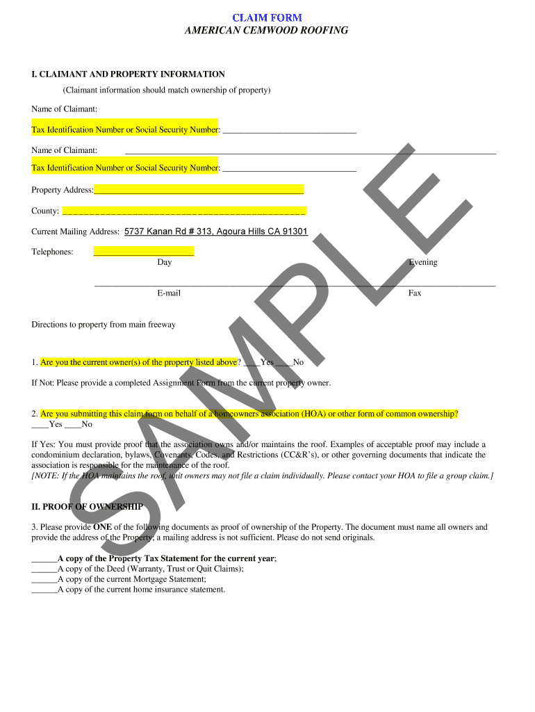 Fillable Online I CLAIMANT AND PROPERTY INFORMATION SAMPLE Fax Email ...