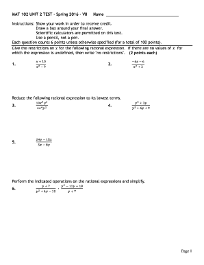 Fillable Online MAT 102 UNIT 2 TEST Spring 2016 V8 Name Instructions ...