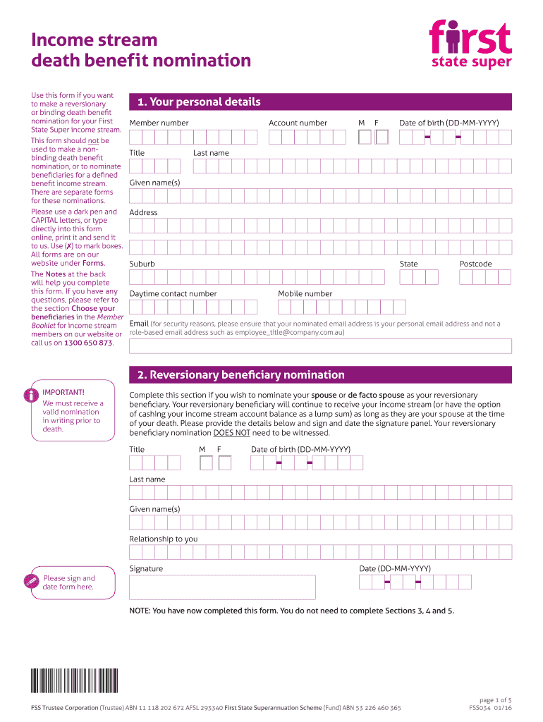 Fillable Online Income stream death benefit nomination - First State ...
