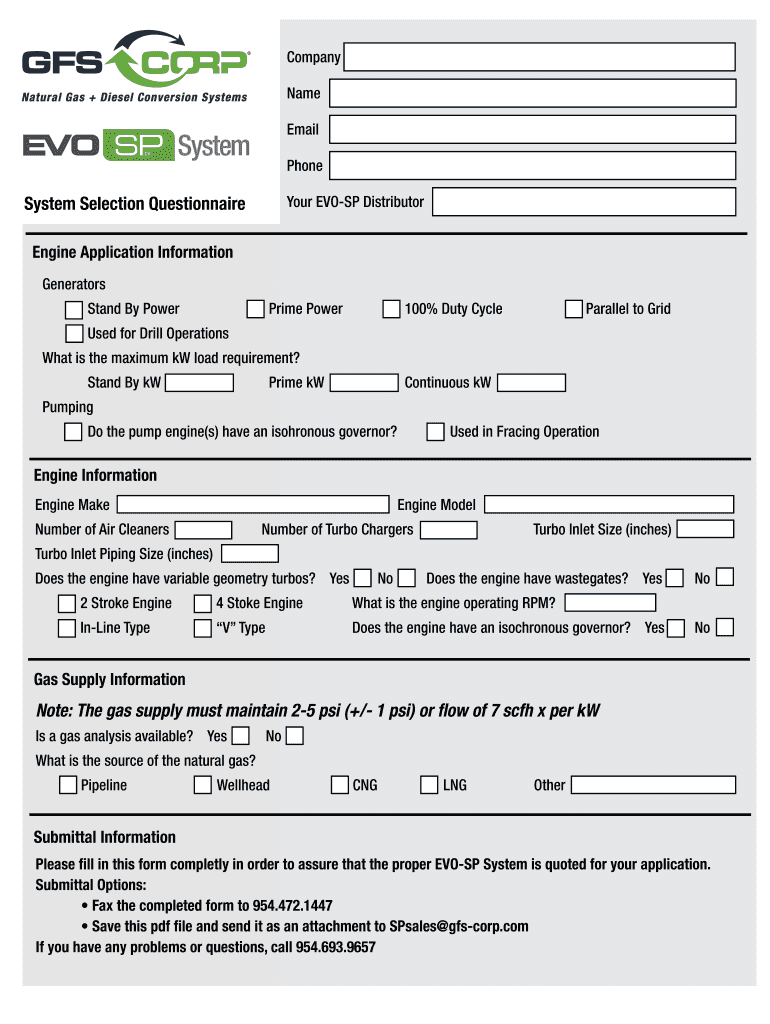 Fillable Online EVO-SP System selection questionnaire - bGFSb bCorpb ...
