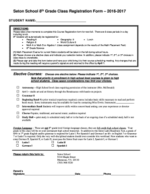 Fillable Online setonschool Seton School 8th Grade Class Registration Form 20162017 STUDENT NAME ...