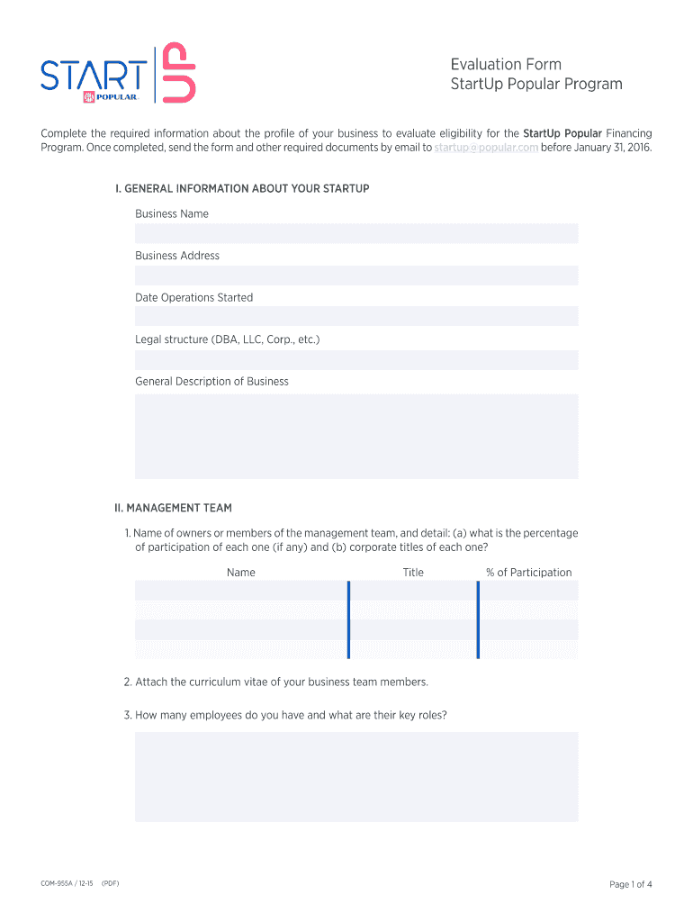 Fillable Online Evaluation Form StartUp bPopularb Program Fax Email ...