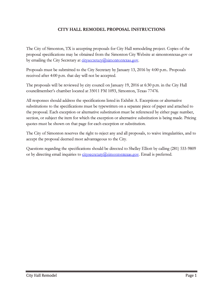 Fillable Online CITY HALL REMODEL PROPOSAL INSTRUCTIONS Fax Email Print ...