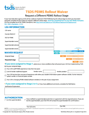 Fillable Online texasstudentdatasystem TSDS PEIMS Rollout Waiver ...
