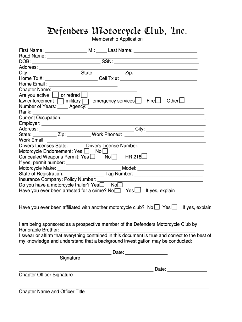Fillable Online Defenders Motorcycle Club - Defenders MC Fax Email ...