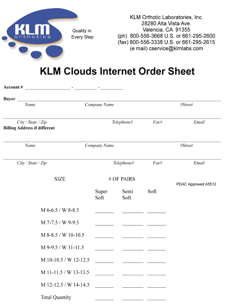 Fillable Online Clouds Internet Order Sheet.word - KLM Labs Fax Email ...
