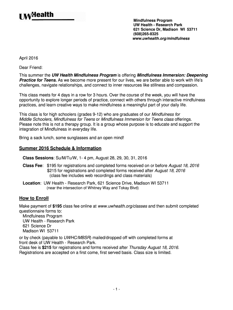 Fillable Online Mindfulness Program UW Health - Research Park 621 Science Fax Email Print ...