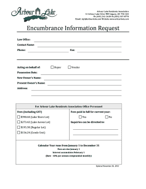 Fillable Online Encumbrance Information Request - Arbour Lake Residents ... Fax Email Print ...