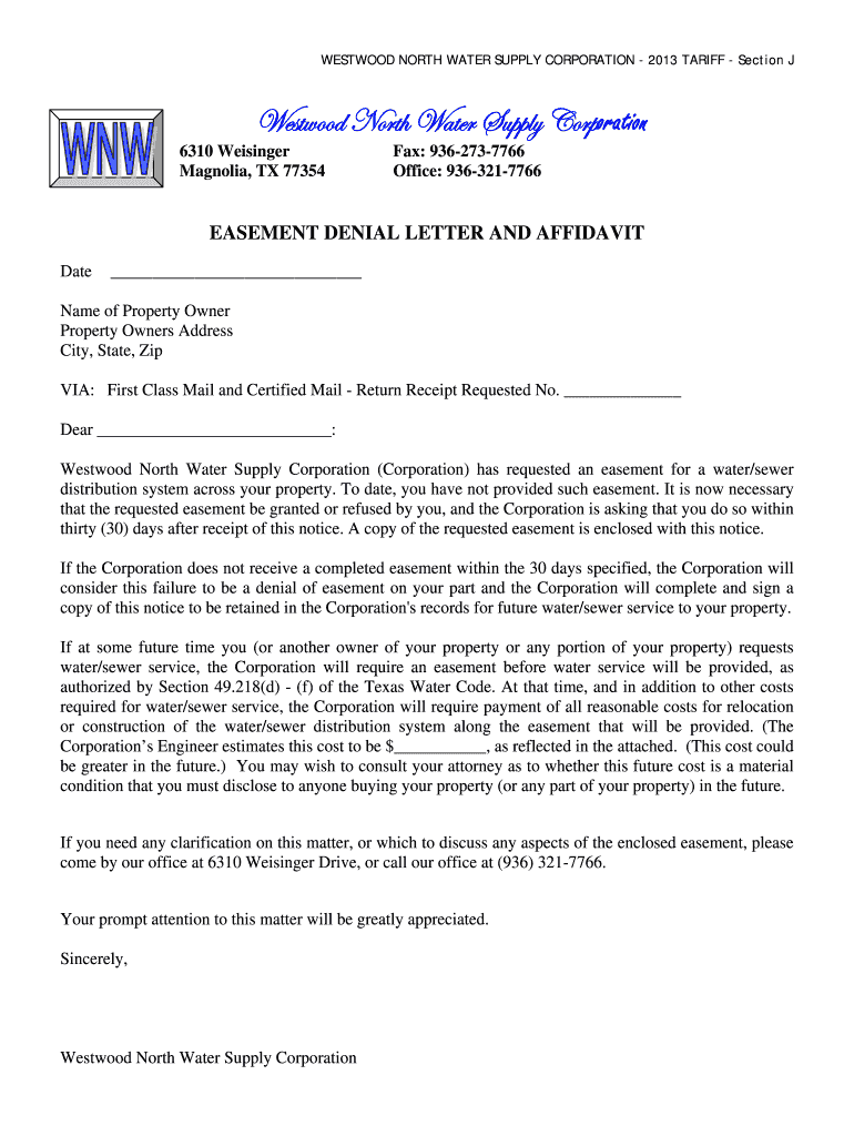 Fillable Online 12. Right-of-Way Easement Denial Letter and Affidavit ...