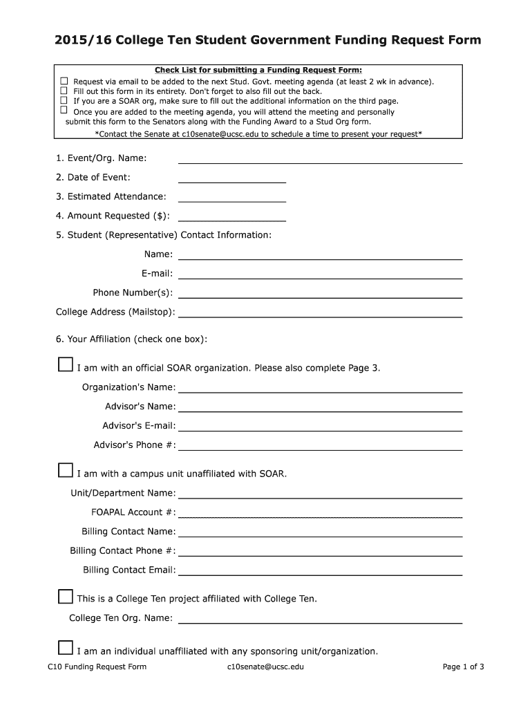 Fillable Online 2015/16 College Ten Student Government Funding Request Form Fax Email Print ...