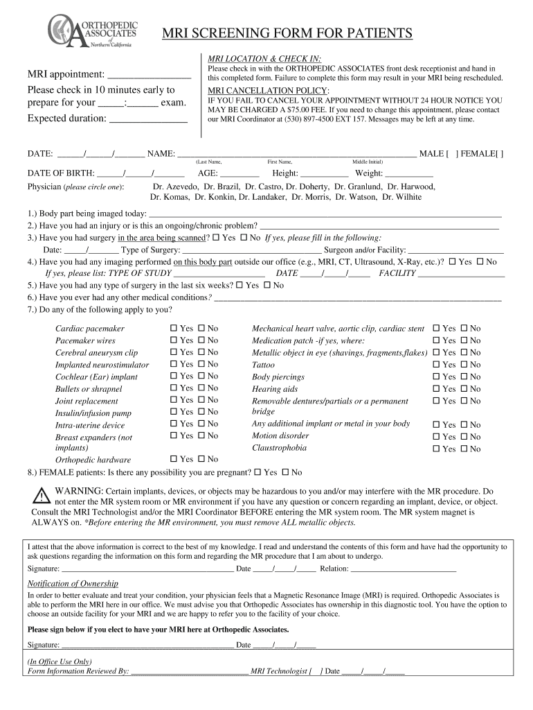 Fillable Online Mri Screening Form For Patients Fax Email Print Pdffiller