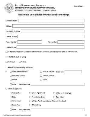 Fillable Online tdi texas Transmittal Checklist for HMO Rate and Form ...