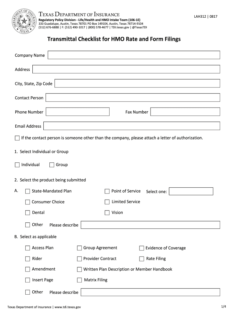Fillable Online tdi texas Transmittal Checklist for HMO Rate and Form ...